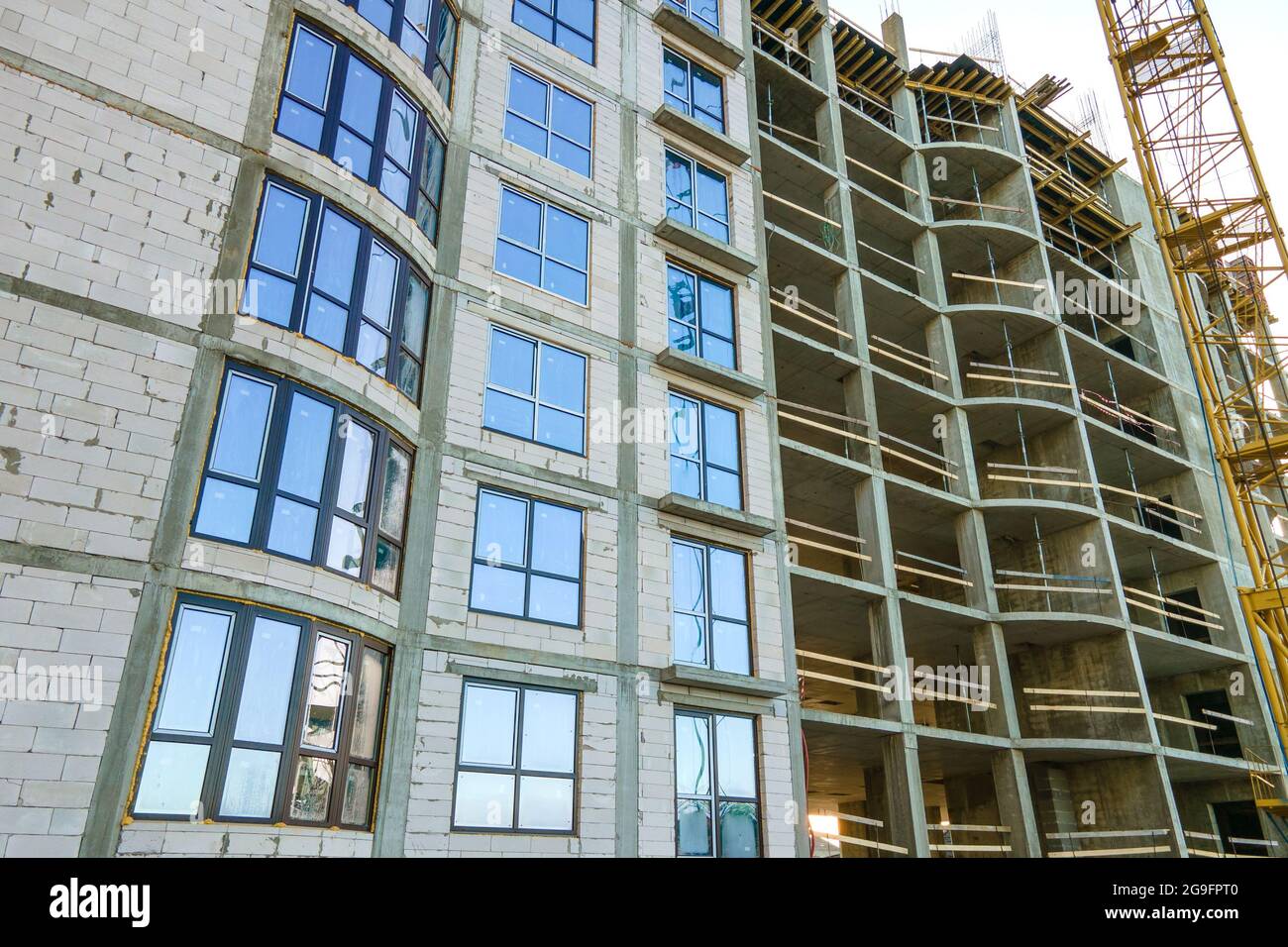 Aerial view of high residential apartment building under construction ...