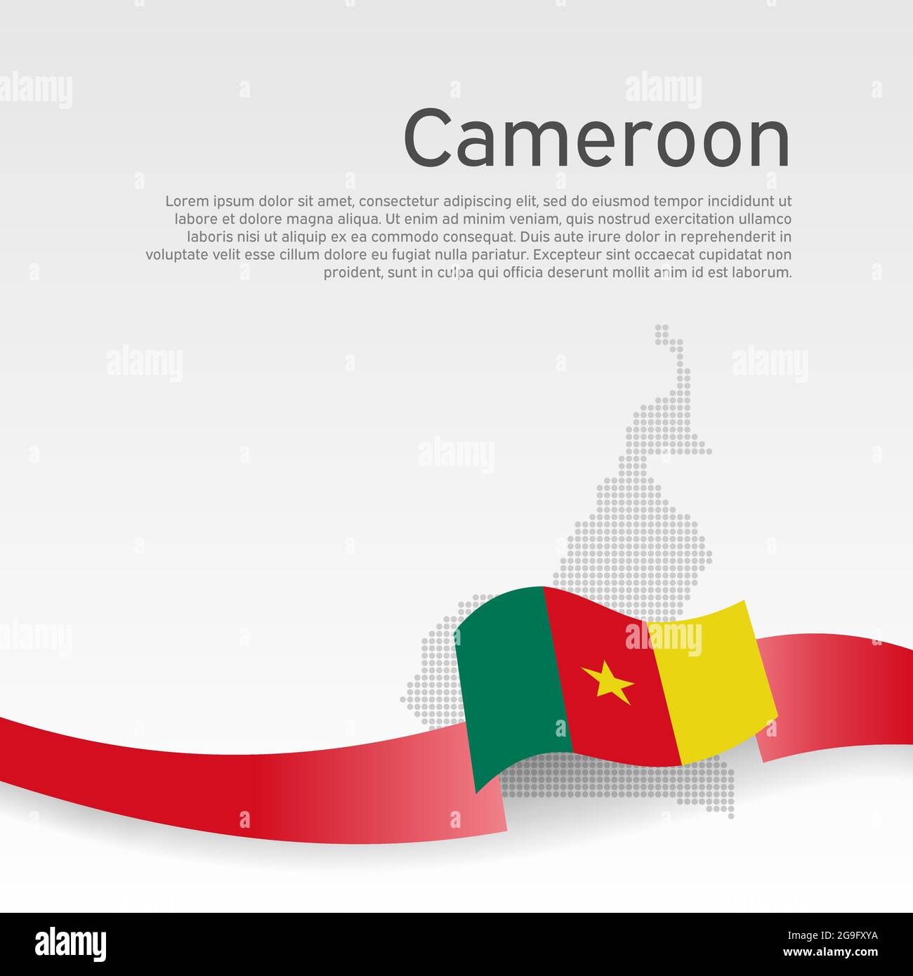 Cameroon flag, mosaic map on white background. Wavy ribbon with the ...