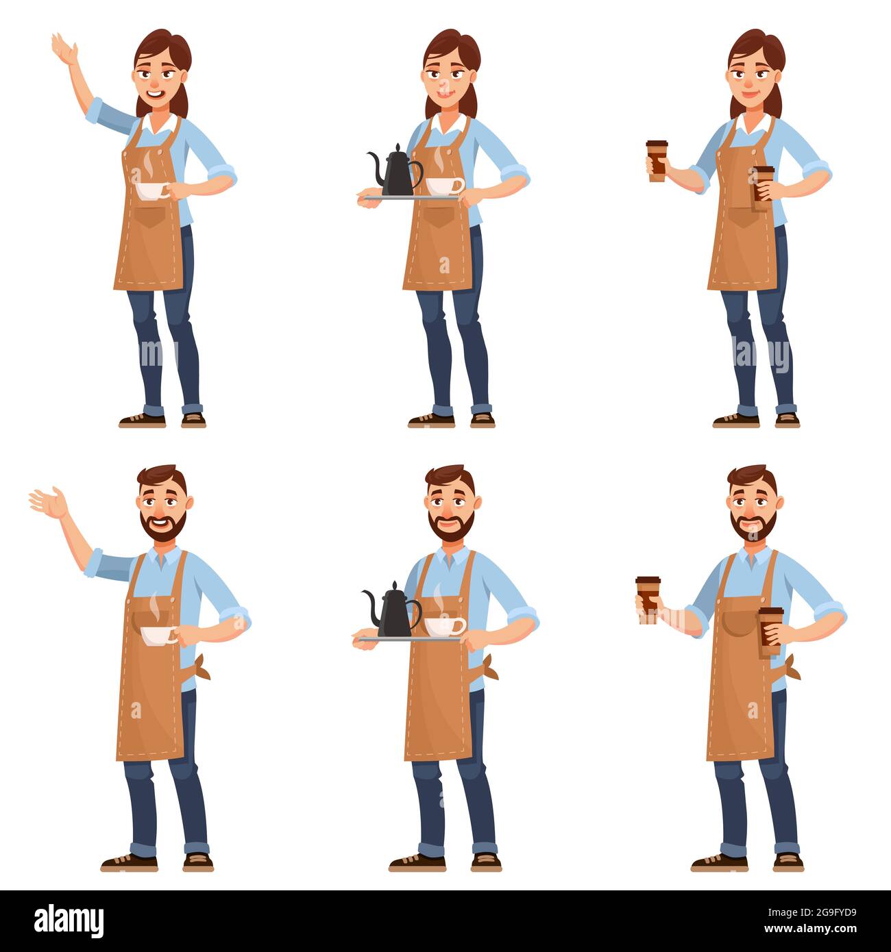 Baristas in different poses. Male and female characters in cartoon ...