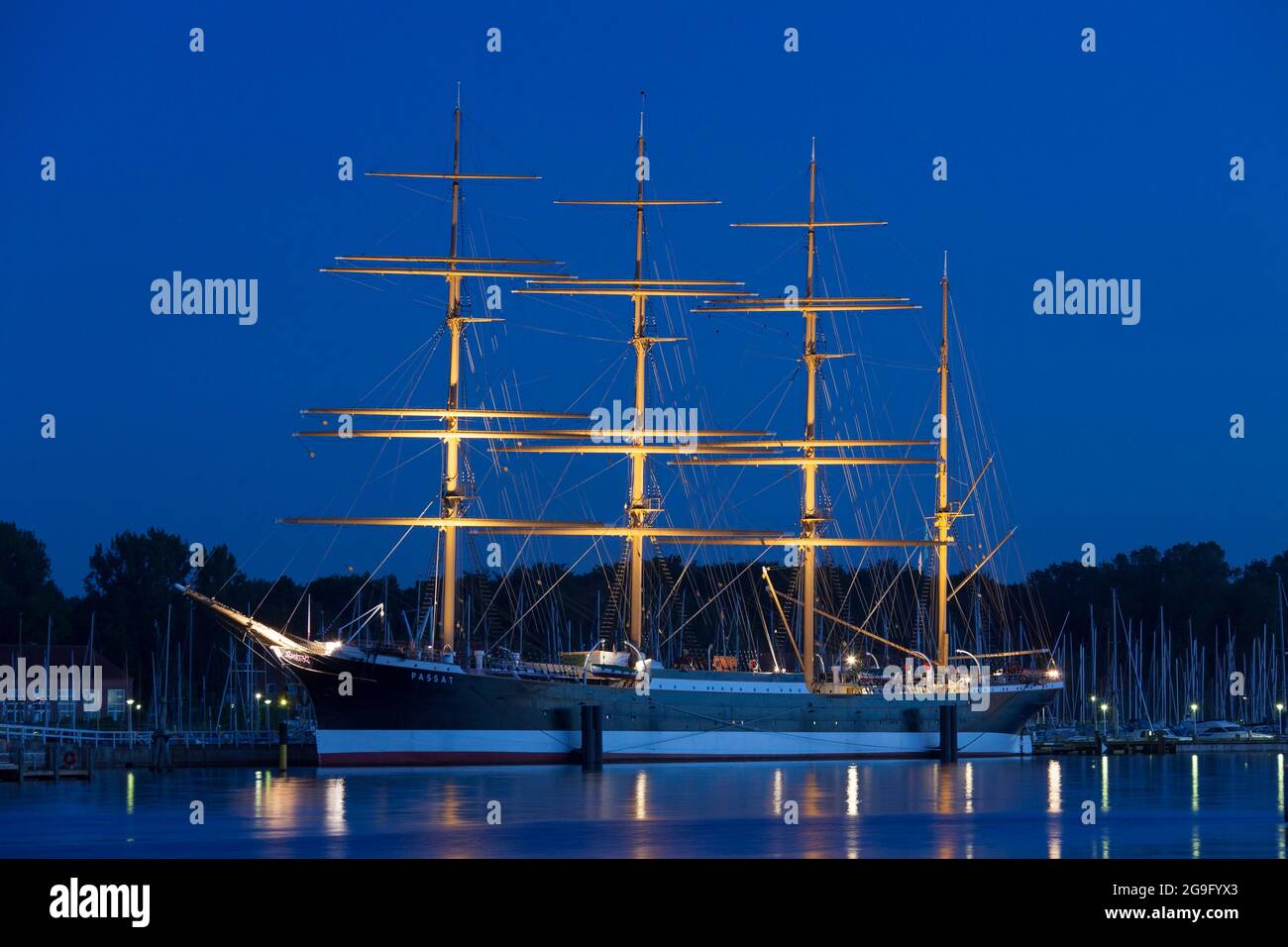 The four-masted steel barque Passat at night. Travemuende, Schleswig ...