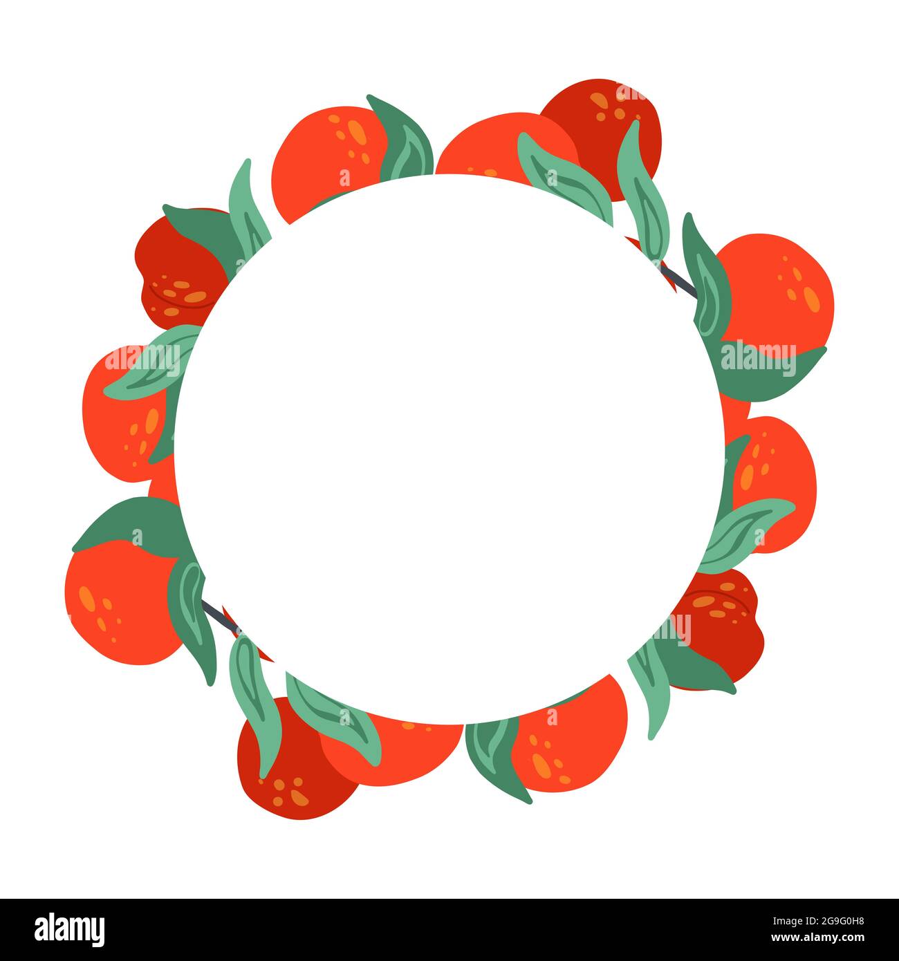 Round frame with nectarine, foliage, stems and place for text. Circle ...