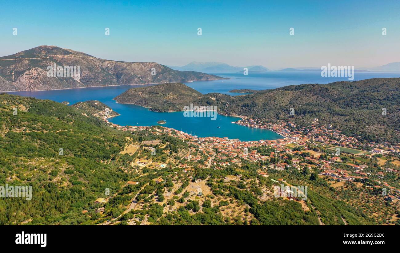 Aerial view of the capital town and the port of Vathy in Ithaca seen ...