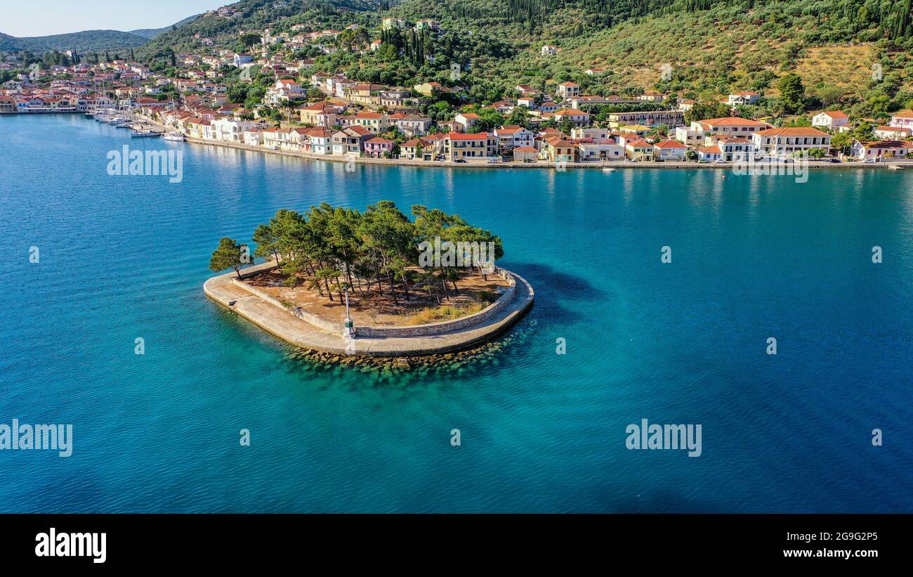 Aerial view of Lazareto island and part of the port of Vathy in Ithaca ...