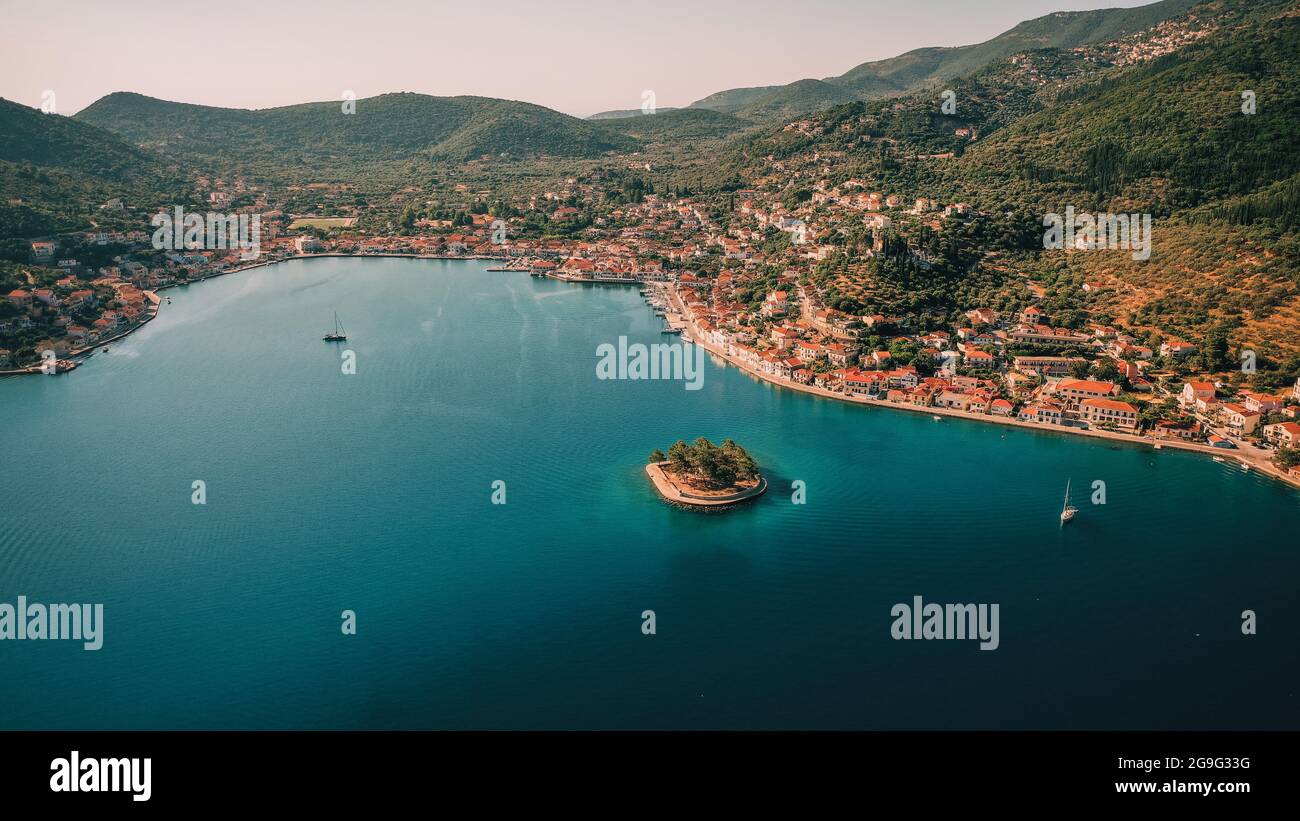 Aerial view of the capital town of Vathy in Ithaca the port and ...