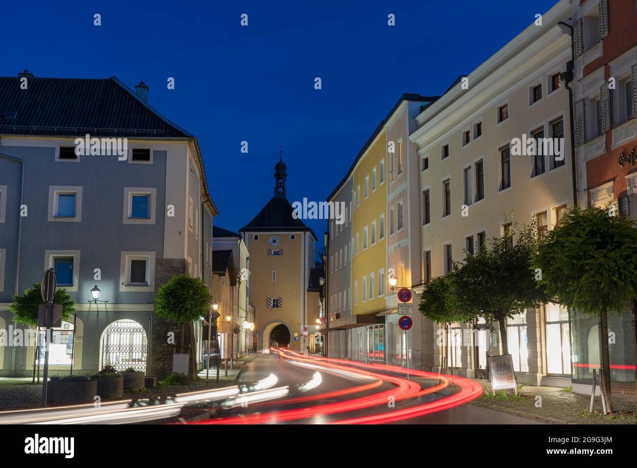 The town Laufen on the Salzach at night - Schlossstrasse, Upper Bavaria ...