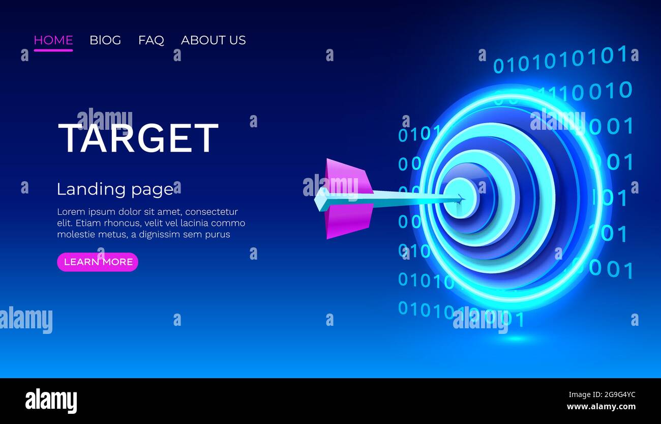 Target neon landing page, banner business 3d icon. Vector illustration ...
