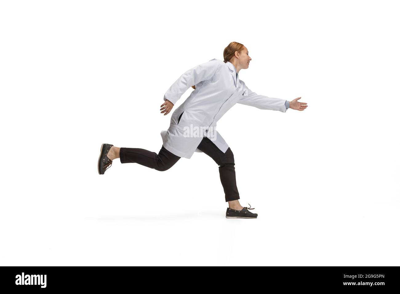 Portrait of running doctor, therapeutic or medical advisor in action ...