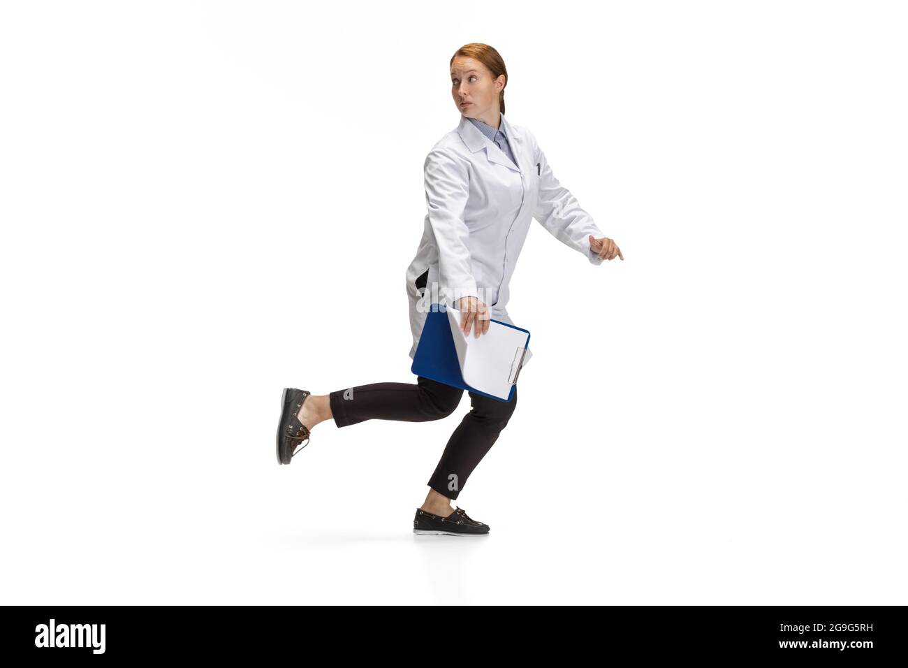 Portrait of running doctor, therapeutic or medical advisor in action ...