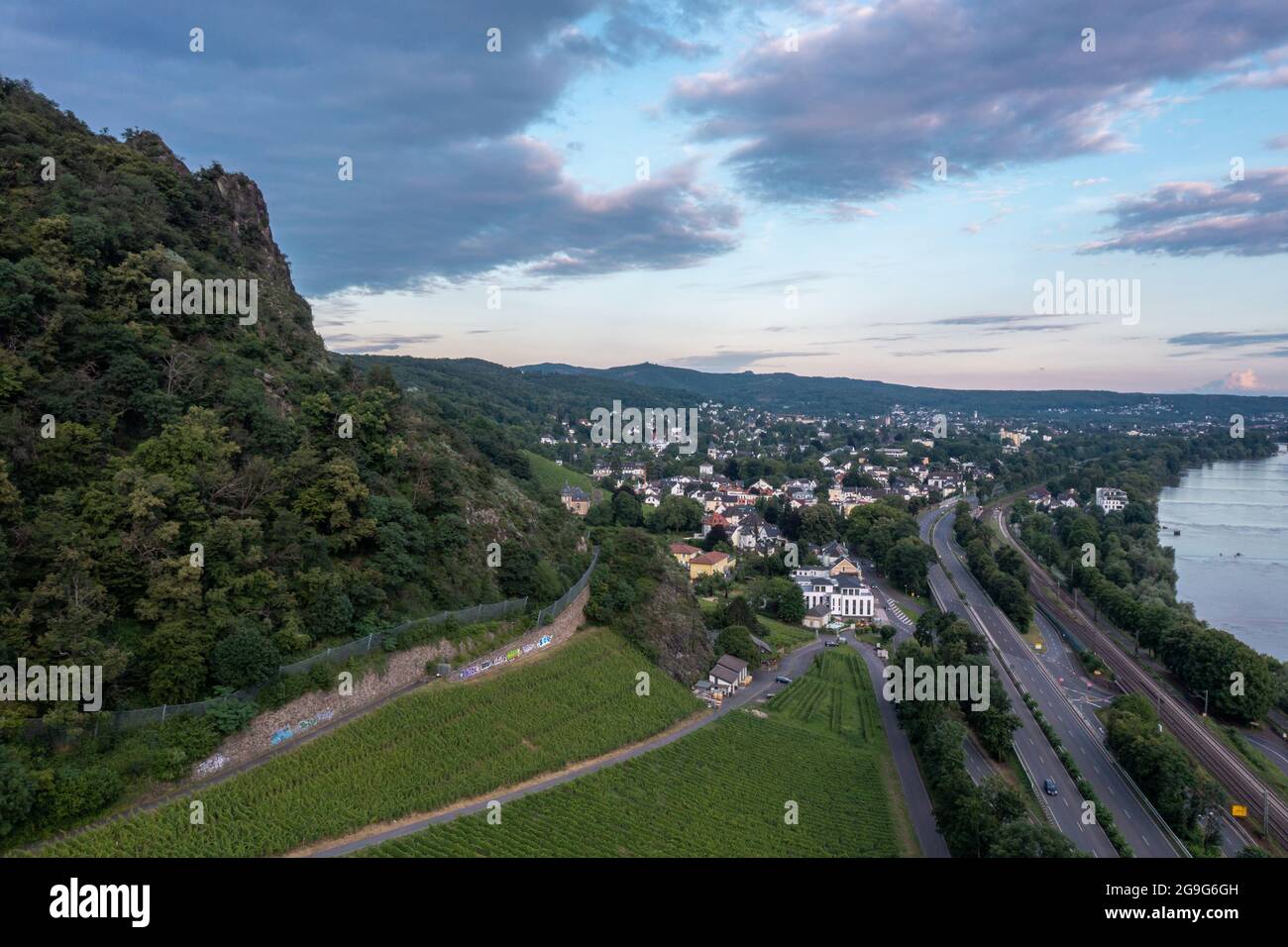 Aerial view of the Rhine landscape at sunset with a view of Rhoendorf ...