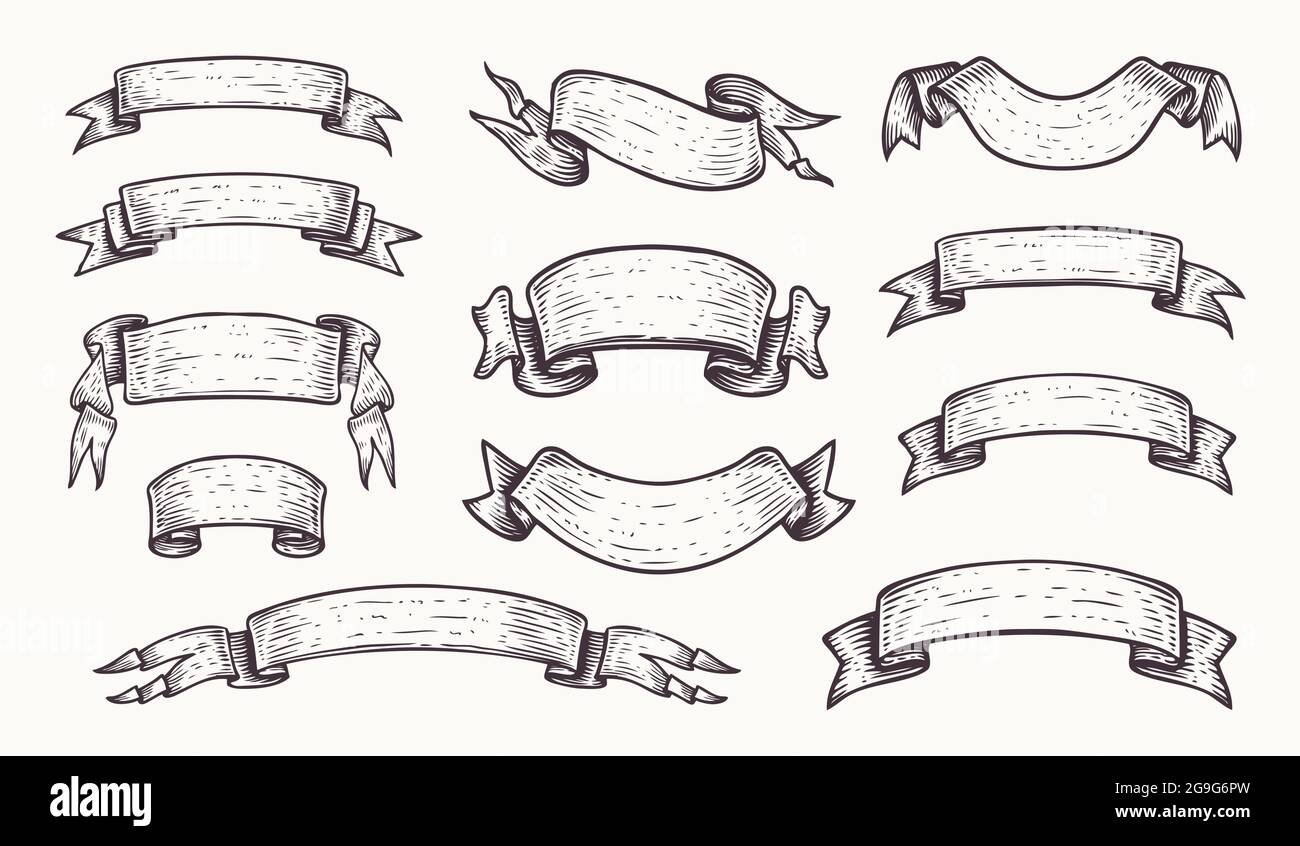 Banners ribbons in style of engraving. Vintage sketch vector illustration Stock Vector Image ...