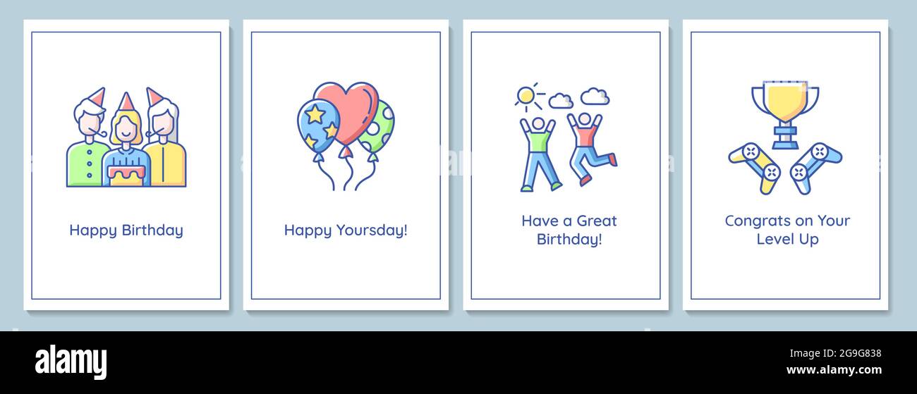 Birthday celebration greeting cards with color icon element set Stock ...