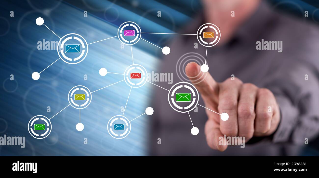 Man touching a communication network on a touch screen with his finger ...