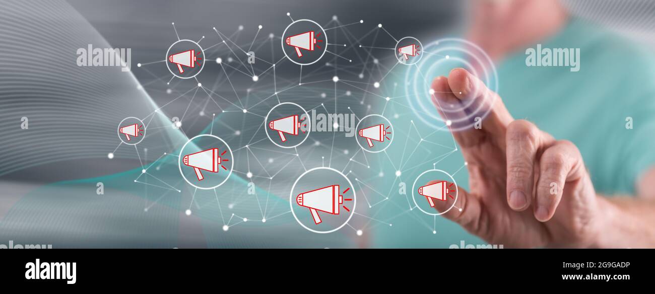 Man touching a digital marketing concept on a touch screen with his ...