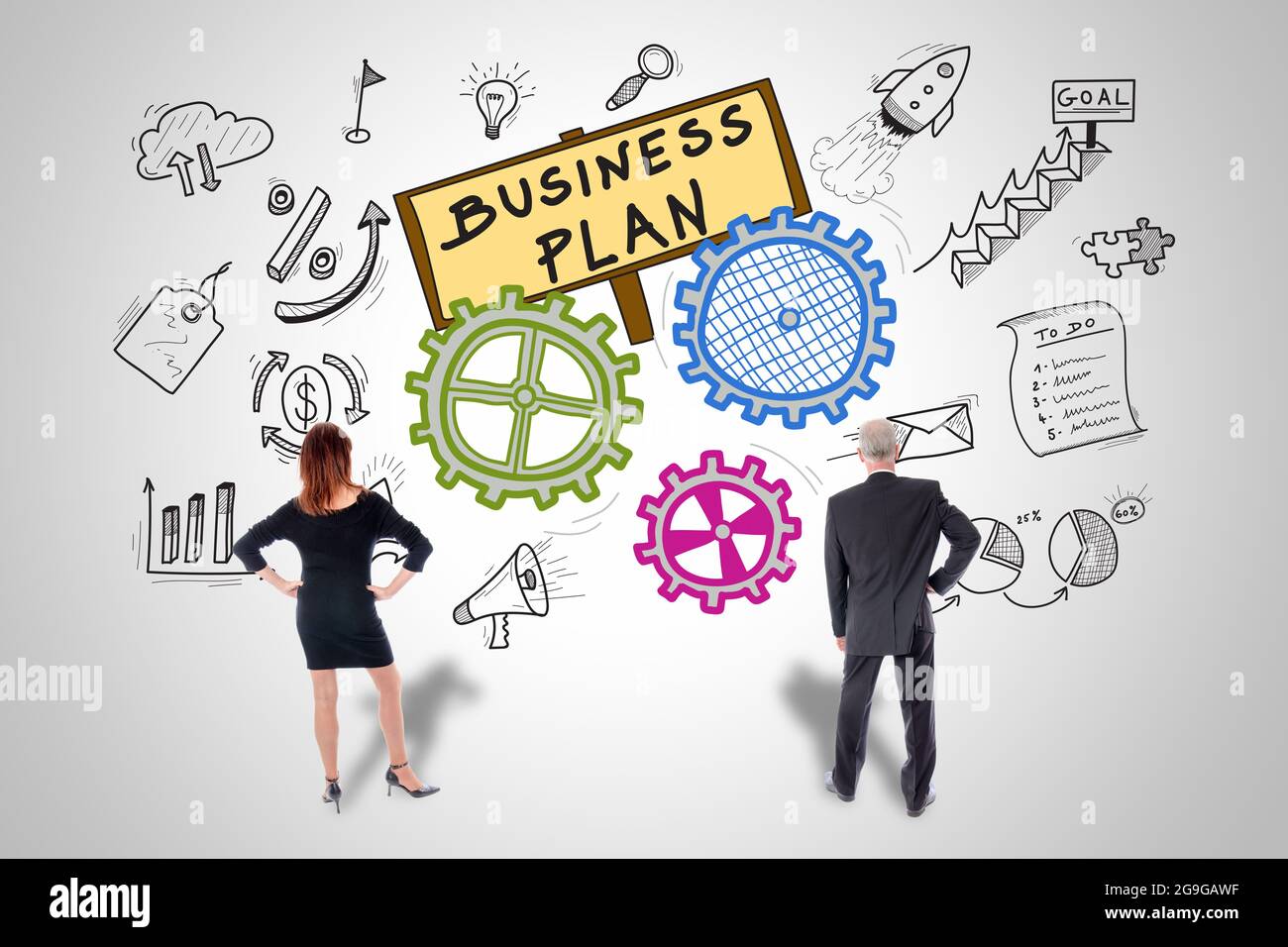 Business plan concept drawn on a wall watched by business people Stock ...
