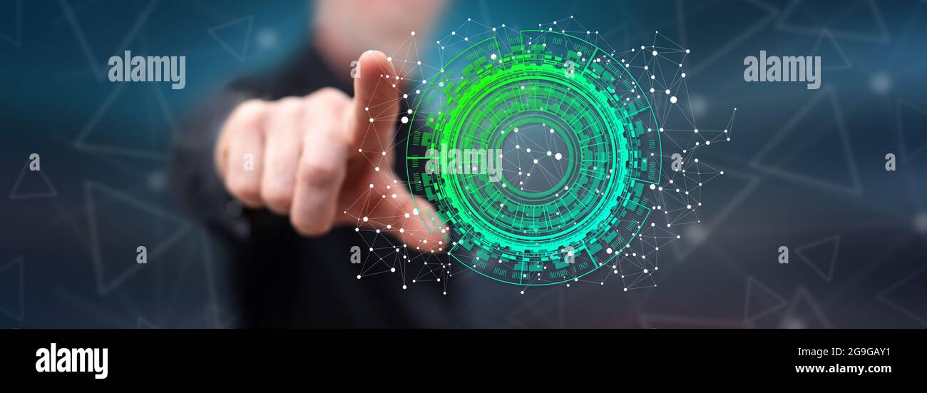 Man touching a technology concept on a touch screen with his finger ...