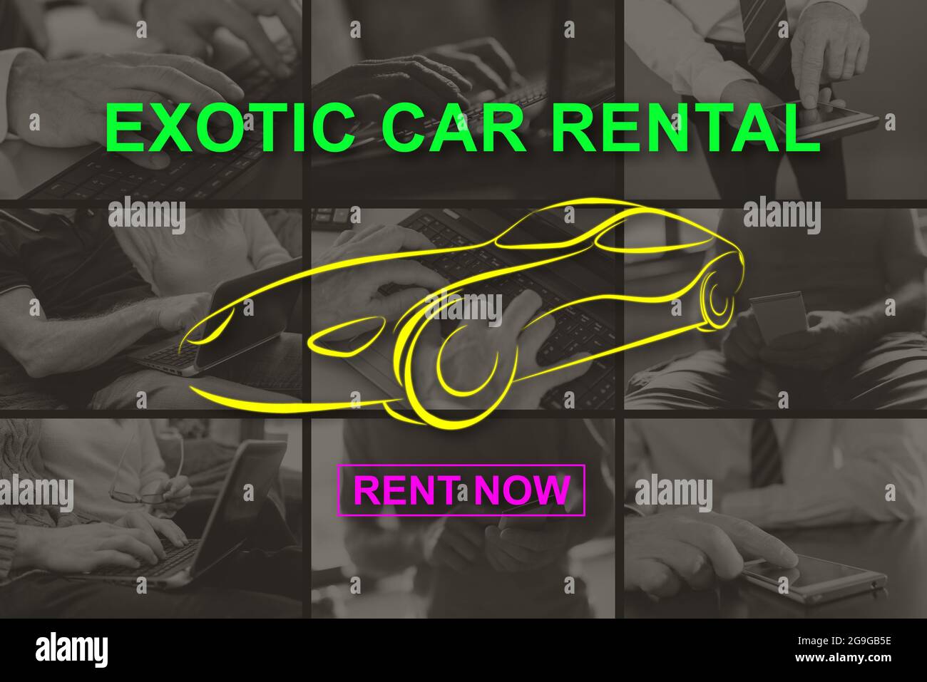 Exotic car rental concept illustrated by pictures on background Stock ...