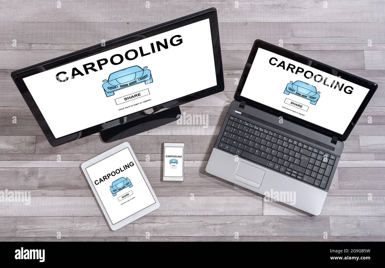 Carpooling concept shown on different information technology devices ...