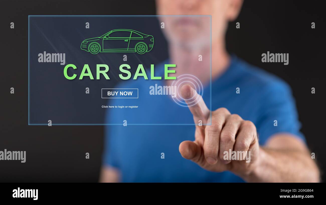 Man touching a car sale concept on a touch screen with his finger Stock ...