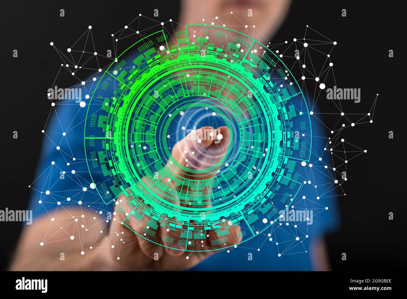 Man touching a technology concept on a touch screen with his finger ...