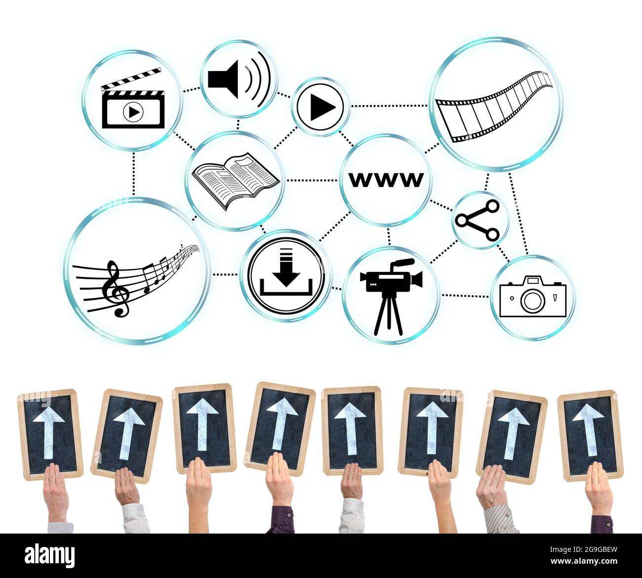 Hands holding writing slates with arrows pointing on social information ...