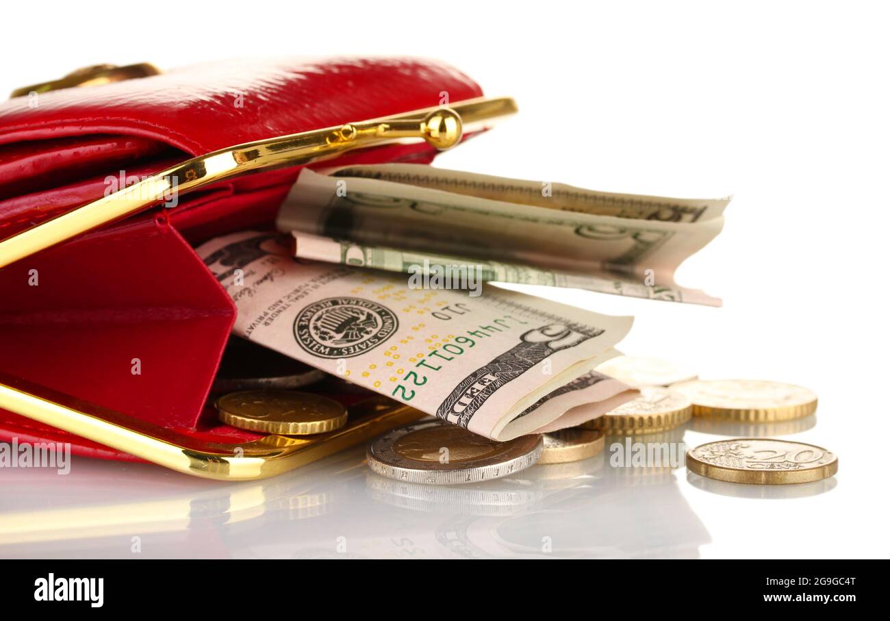 female red wallet with money isolated on white Stock Photo - Alamy