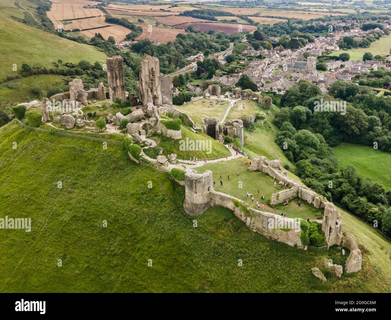 Aerial view of Corfe Castle, an historic ruins near Swanage in Dorsets ...