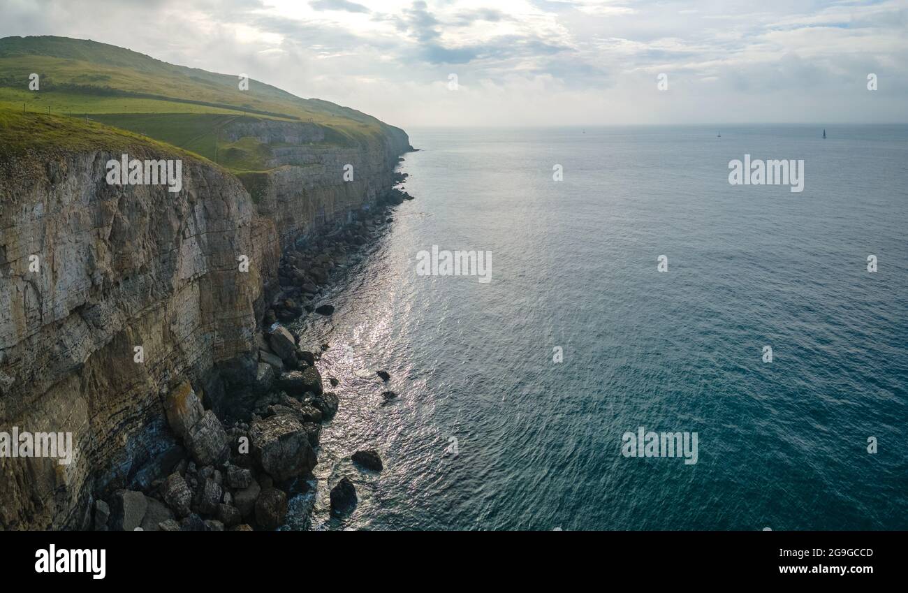 Aerial view of Jurassic Coast cliffs in Dorset, south west England ...