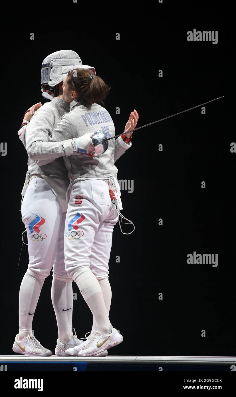 Tokyo, Japan. 26th July, 2021. Sofia Pozdniakova (R) of ROC hugs Sofya ...