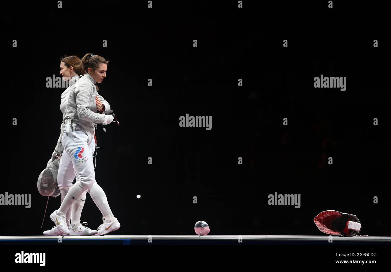 Tokyo, Japan. 26th July, 2021. Sofia Pozdniakova (R) of ROC greets ...