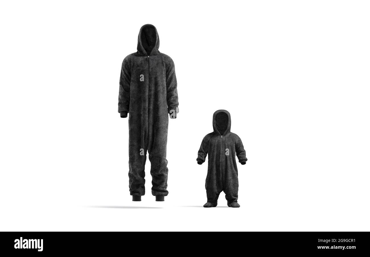 Blank black adult and kid plush jumpsuit with hood mockup, 3d rendering ...