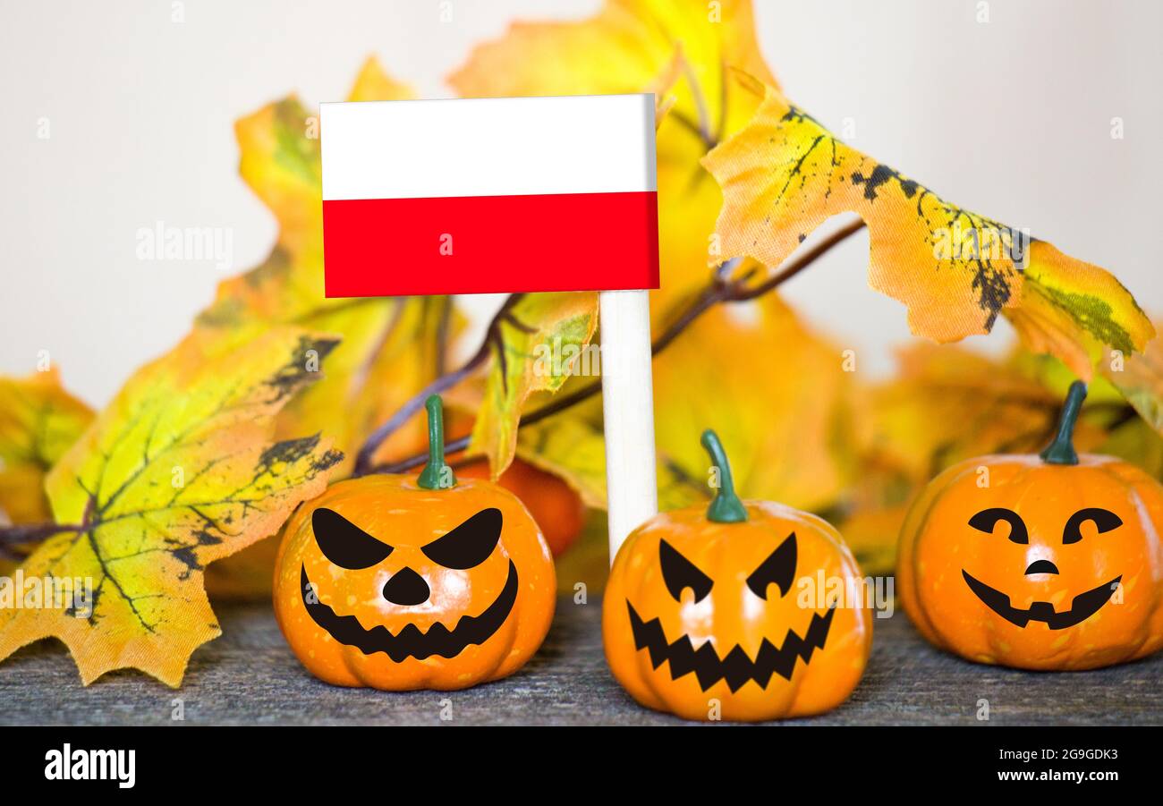 Colorful Halloween background with smiley pumpkins and toy flag of ...
