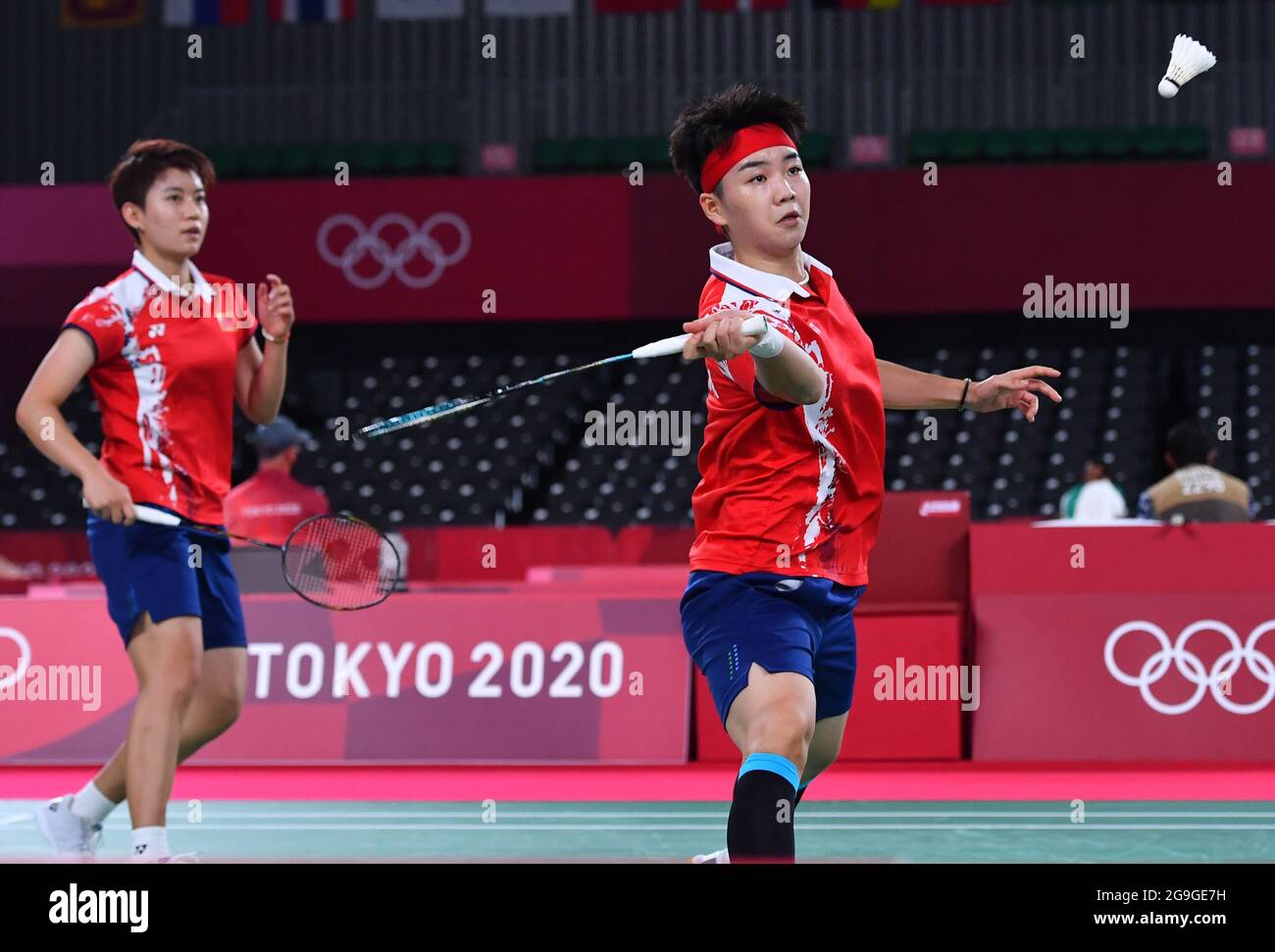 Tokyo, Japan. 26th July, 2021. Du Yue/Li Yinhui (R) of China compete ...
