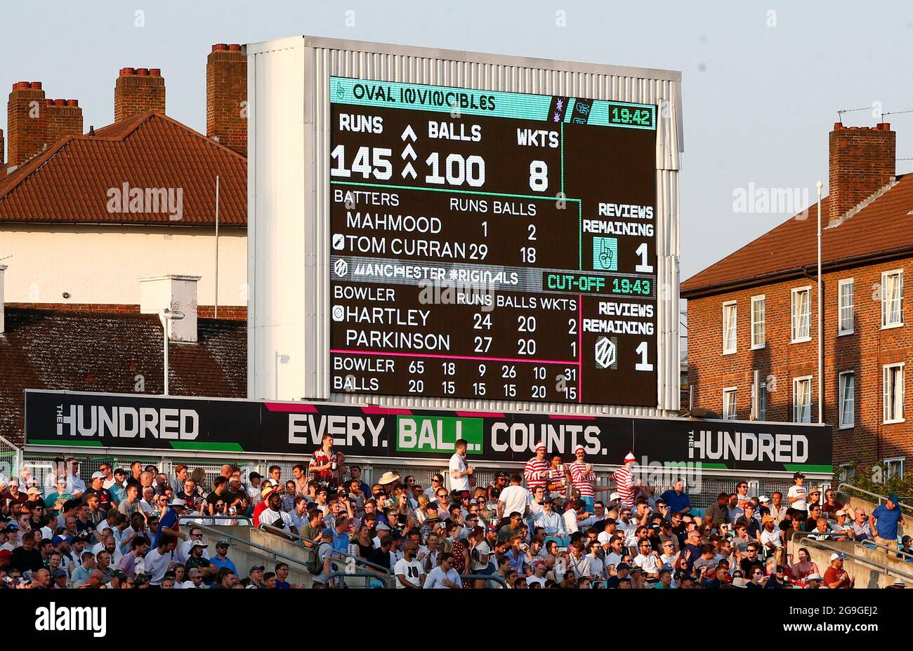 LONDON, ENGLAND - July 22:scoreboard shows Oval Invincible Men 100 ...