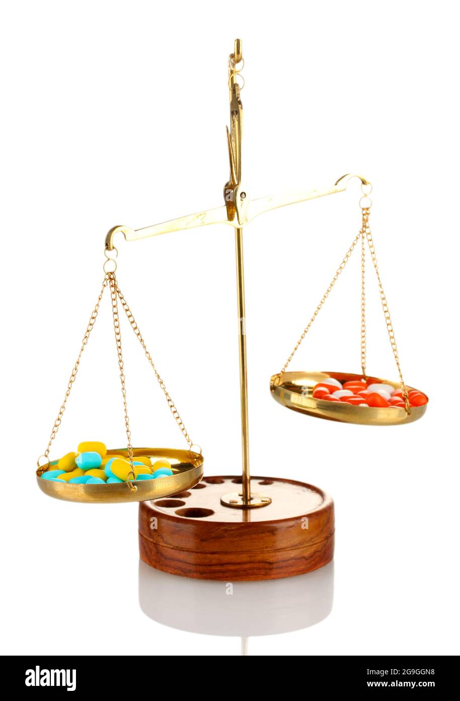 Classic scales with color pills isolated on white Stock Photo - Alamy