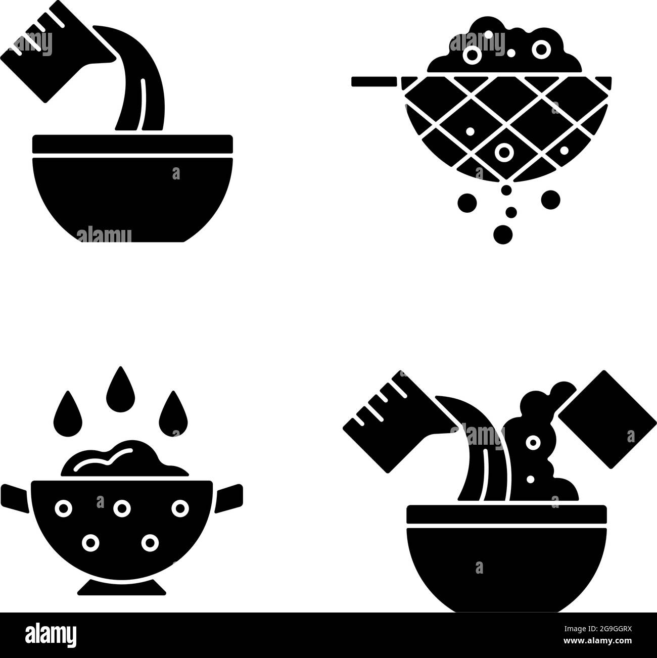 Food preparation instruction black glyph icons set on white space Stock ...