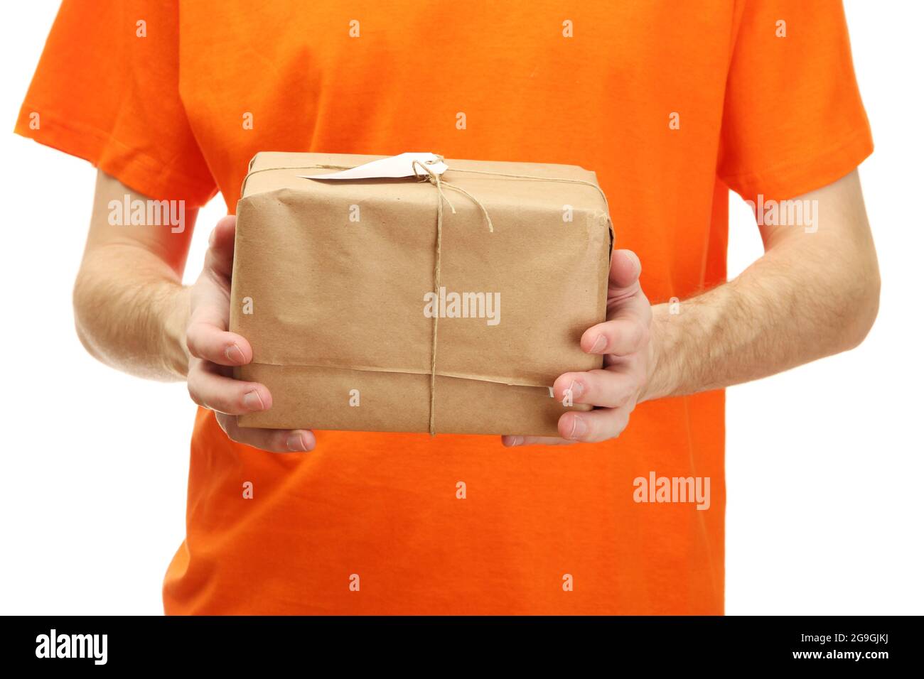 courier with parcel box, isolated on white Stock Photo - Alamy