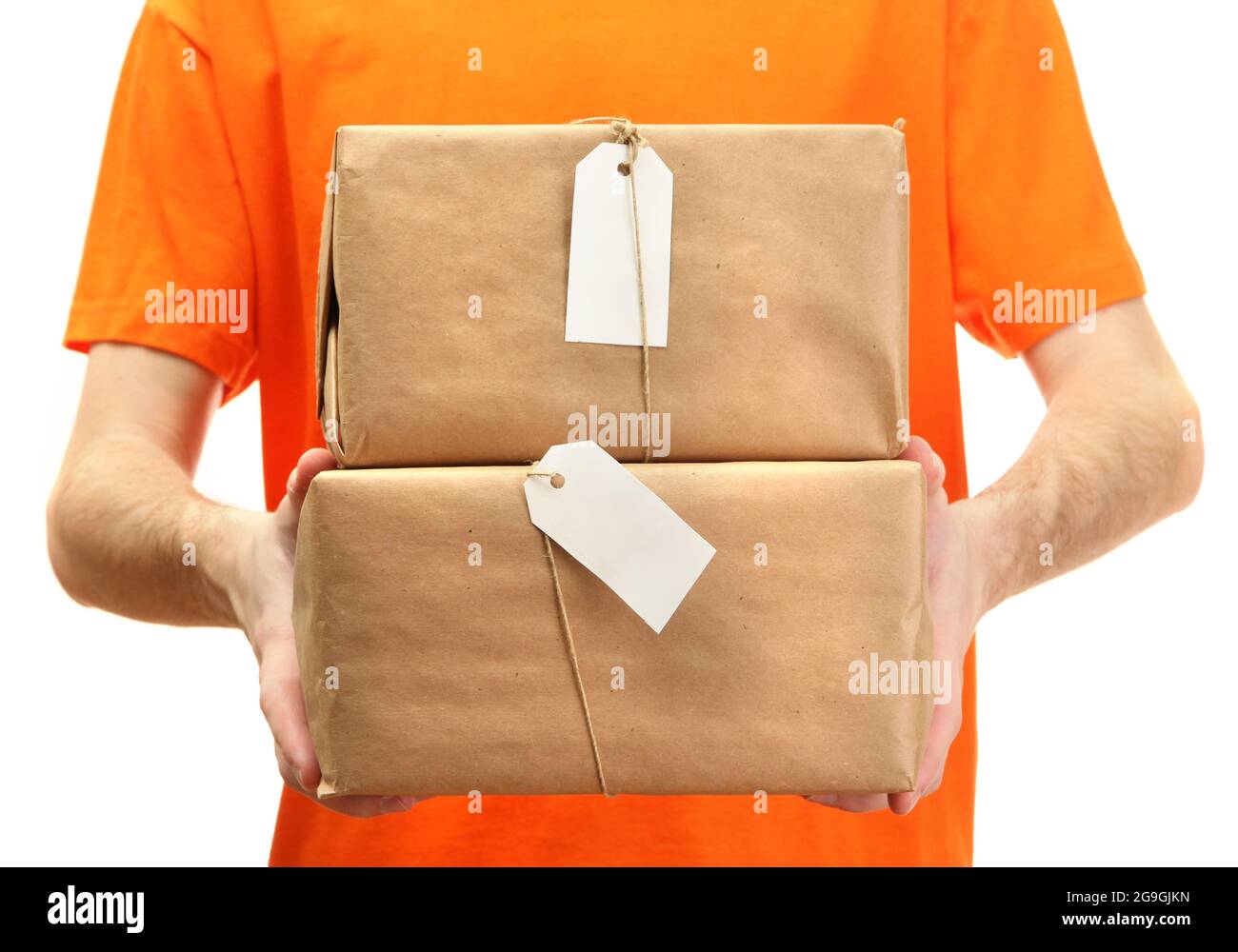 courier with parcel boxes, isolated on white Stock Photo - Alamy