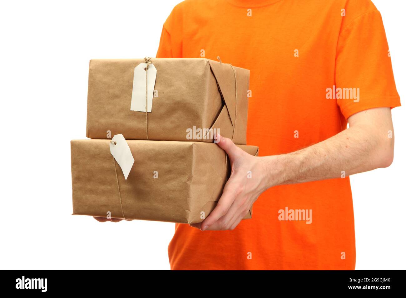 courier with parcel boxes, isolated on white Stock Photo - Alamy