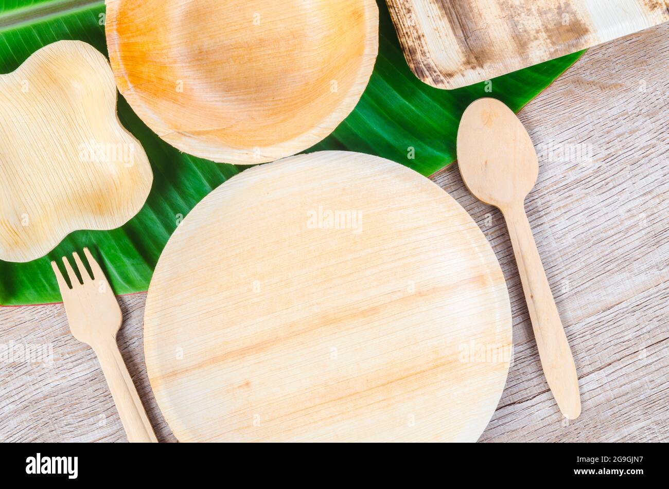 Kitchenware made from dried betel nut leaf palm, natural material. The ...