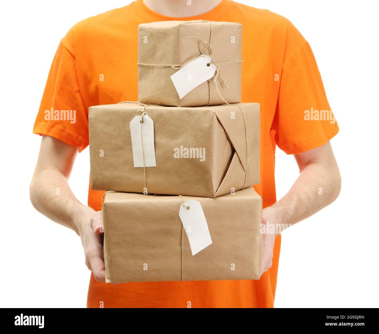 courier with parcel boxes, isolated on white Stock Photo - Alamy