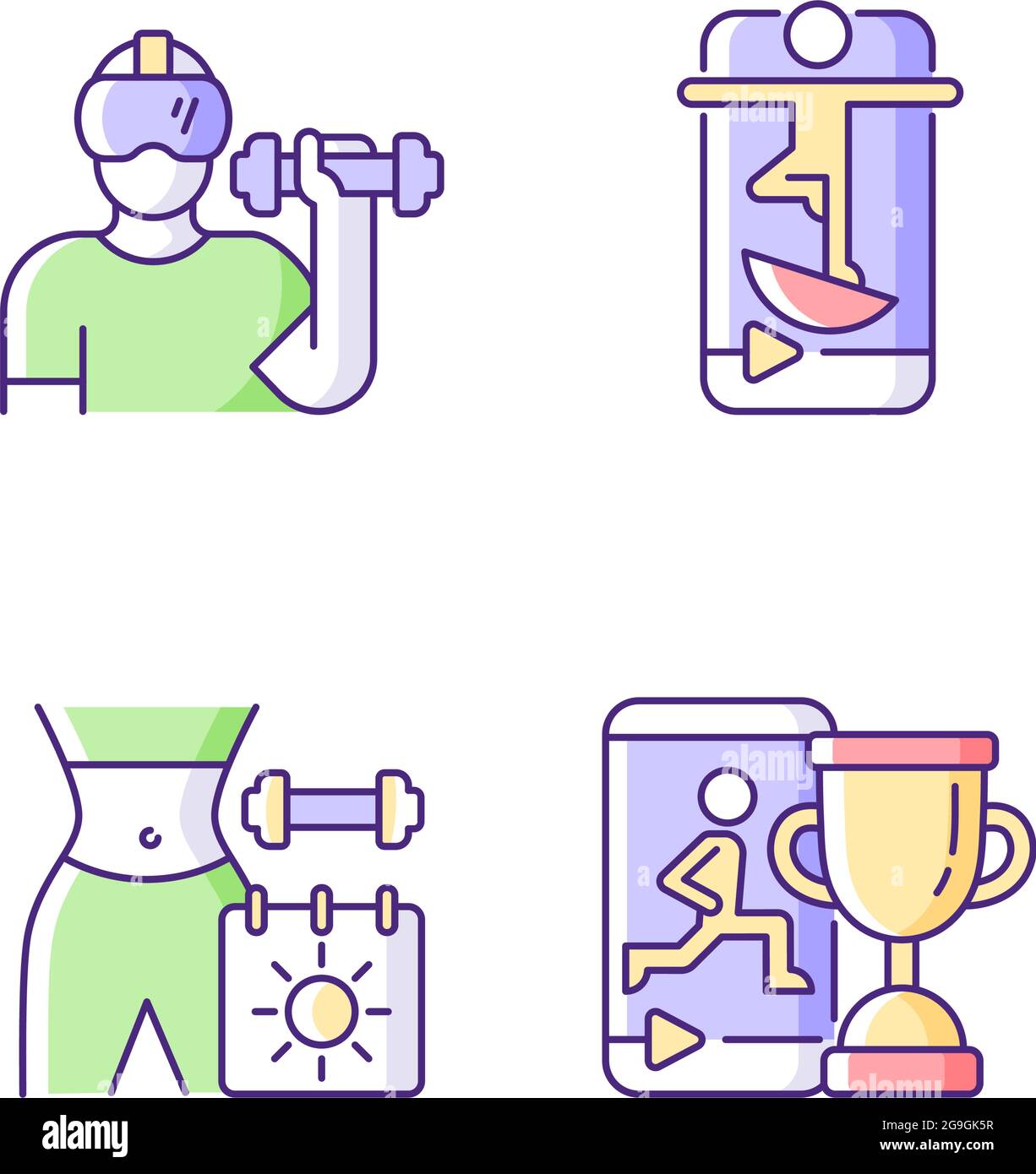 Online fitness marathons and challenges RGB color icons set Stock ...