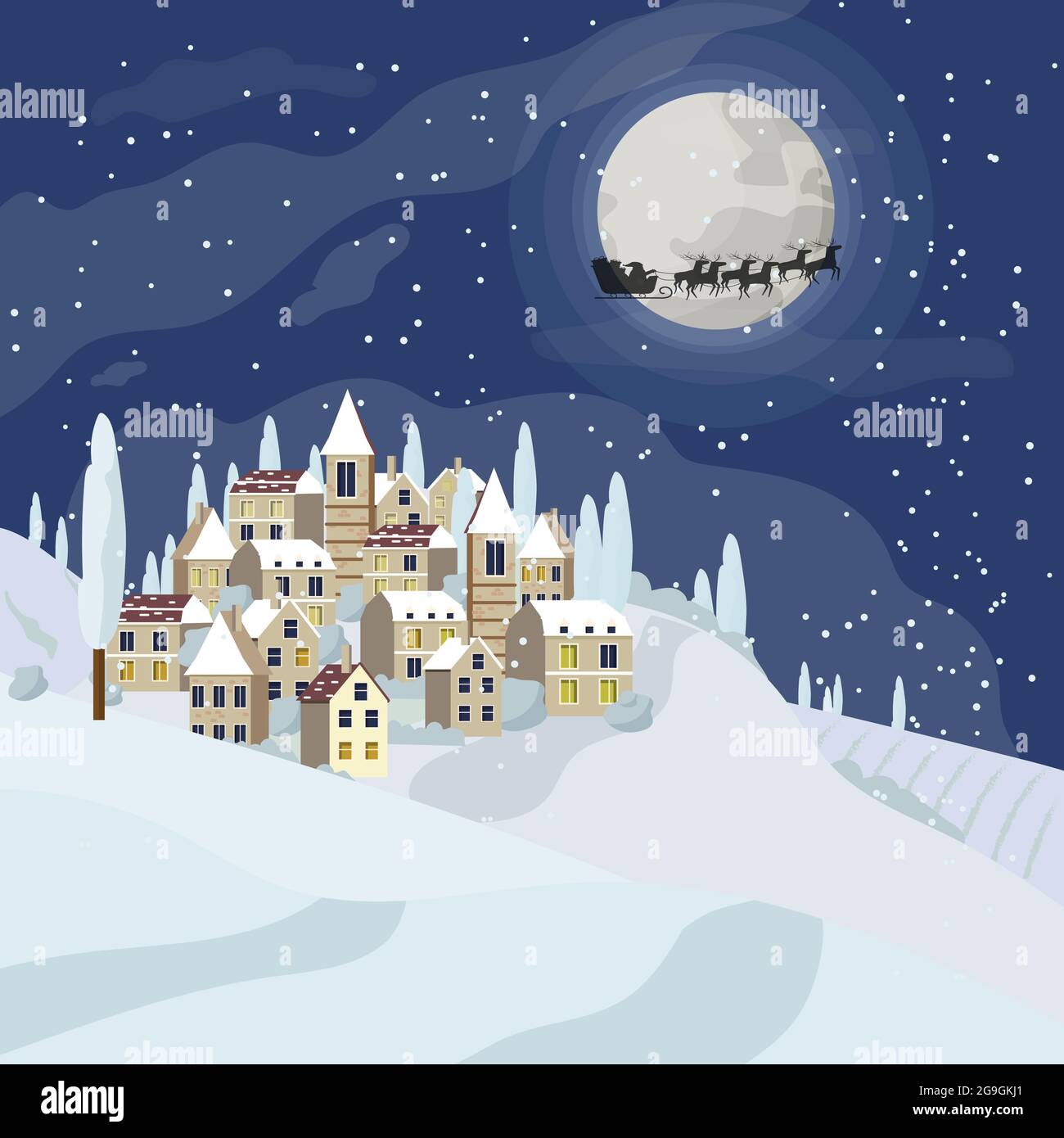 Christmas night landscape with houses next to a Christmas tree with a ...