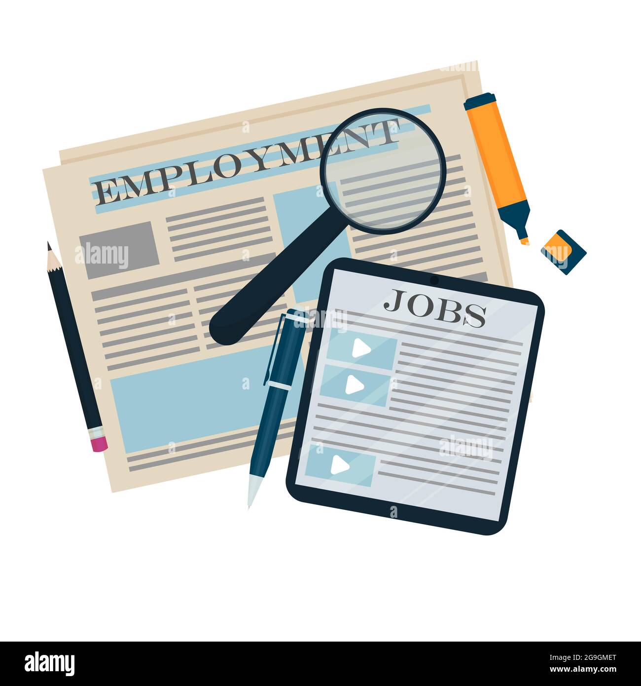 Newspaper, magnifier and tablet with text employment and Jobs, career ...