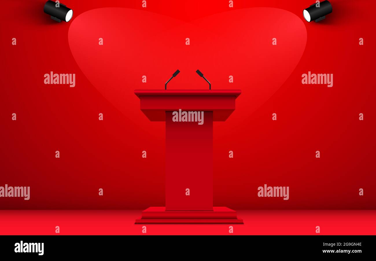 red announcement podium and microphone with spotlight in the red room ...