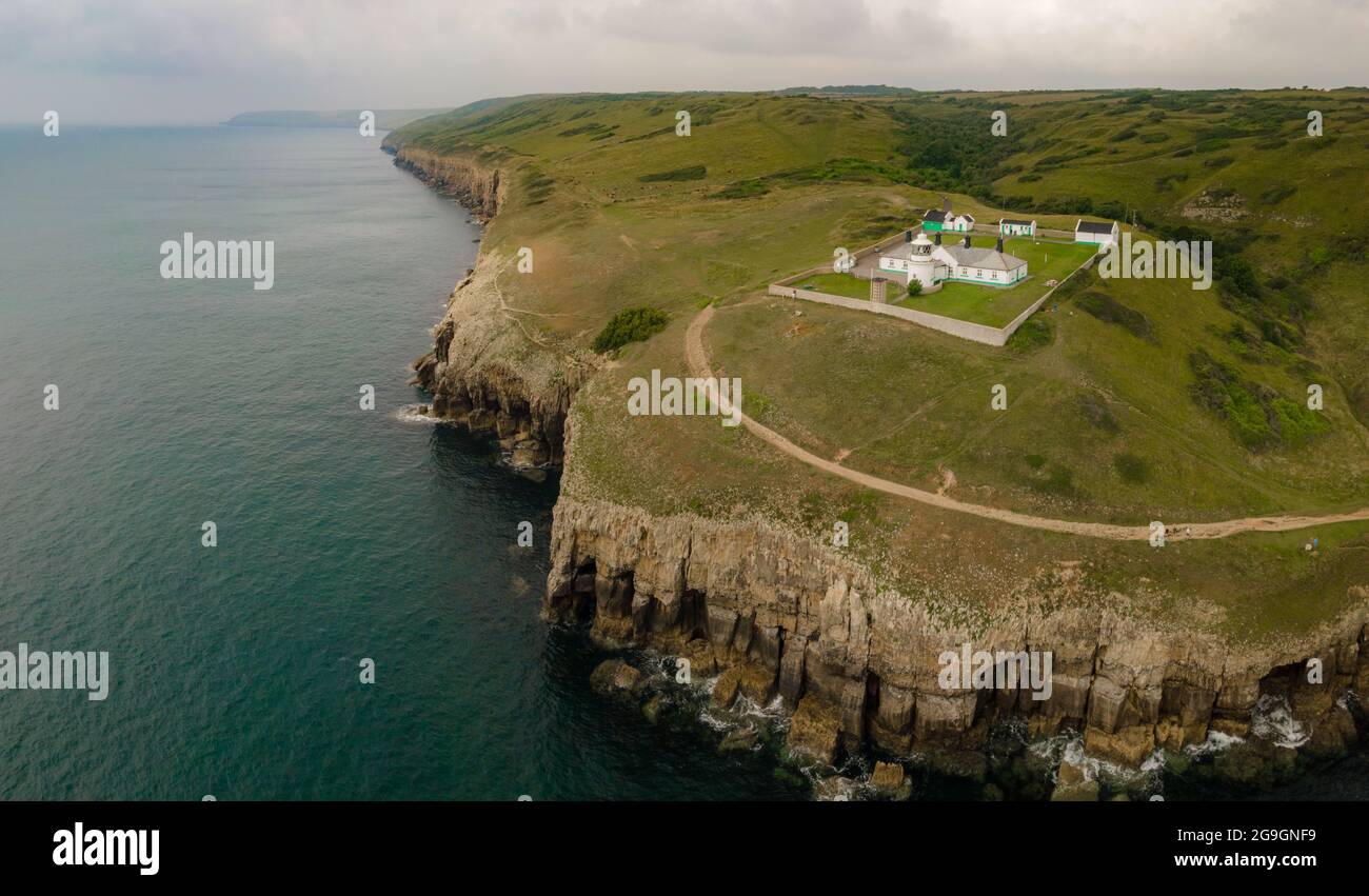 Aerial view of Anvil Point Lighthouse on the Jurassic Coast in Dorset ...