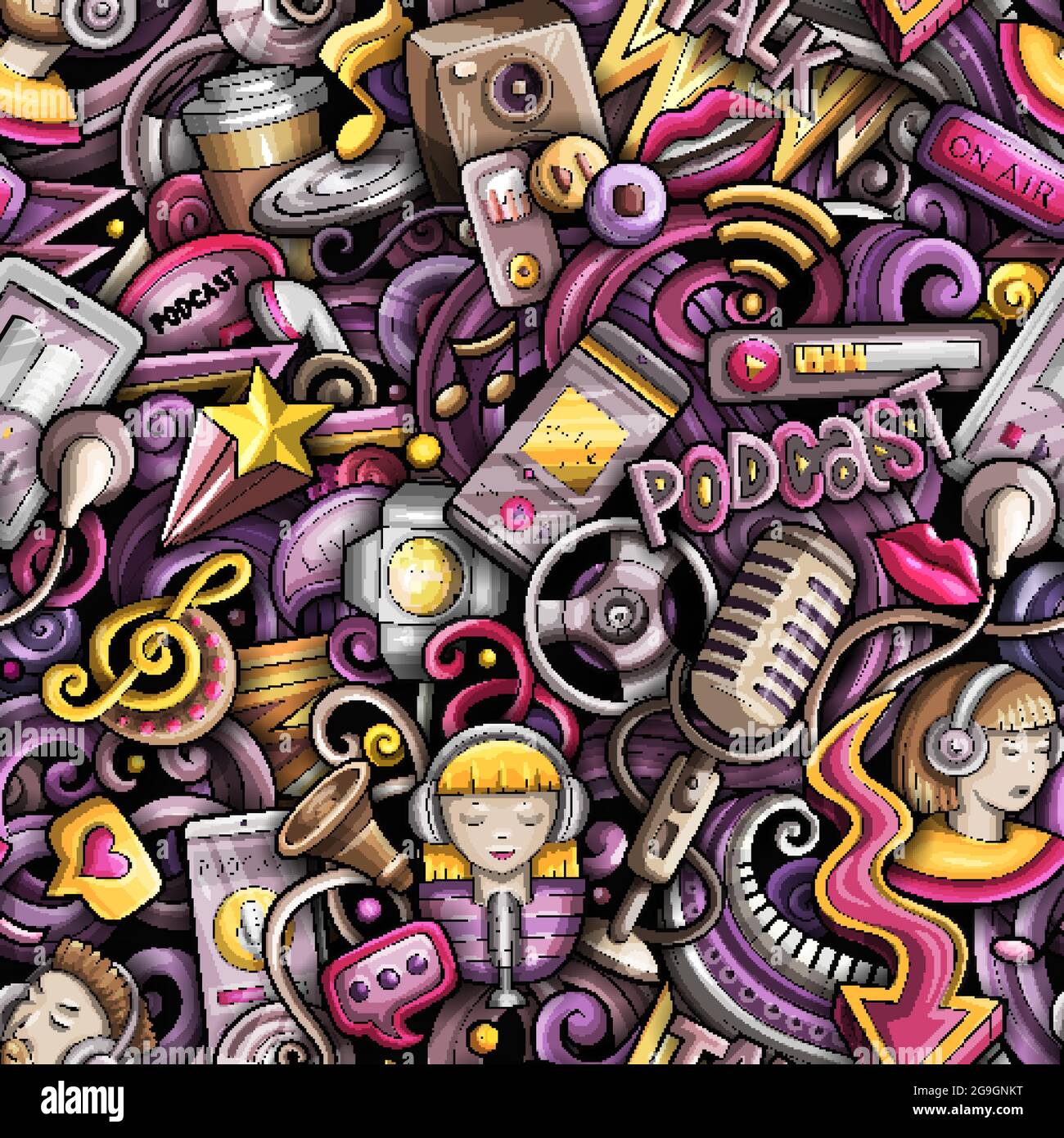 Cartoon doodles Audio content seamless pattern Stock Vector Image & Art ...