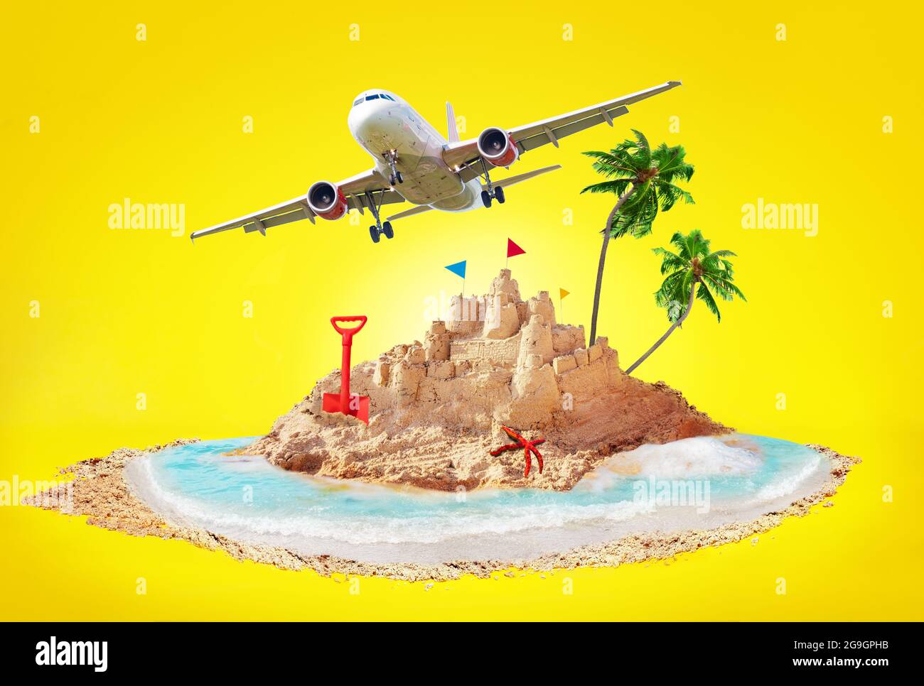 Summer vacation concept plane sandcastle and beach Stock Photo - Alamy