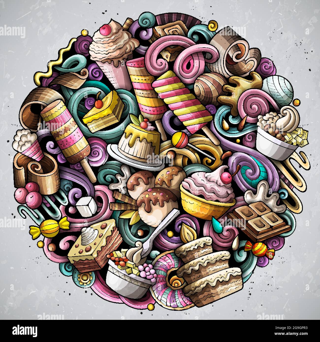 Sweet food cartoon vector doodles illustration. Desserts round design ...