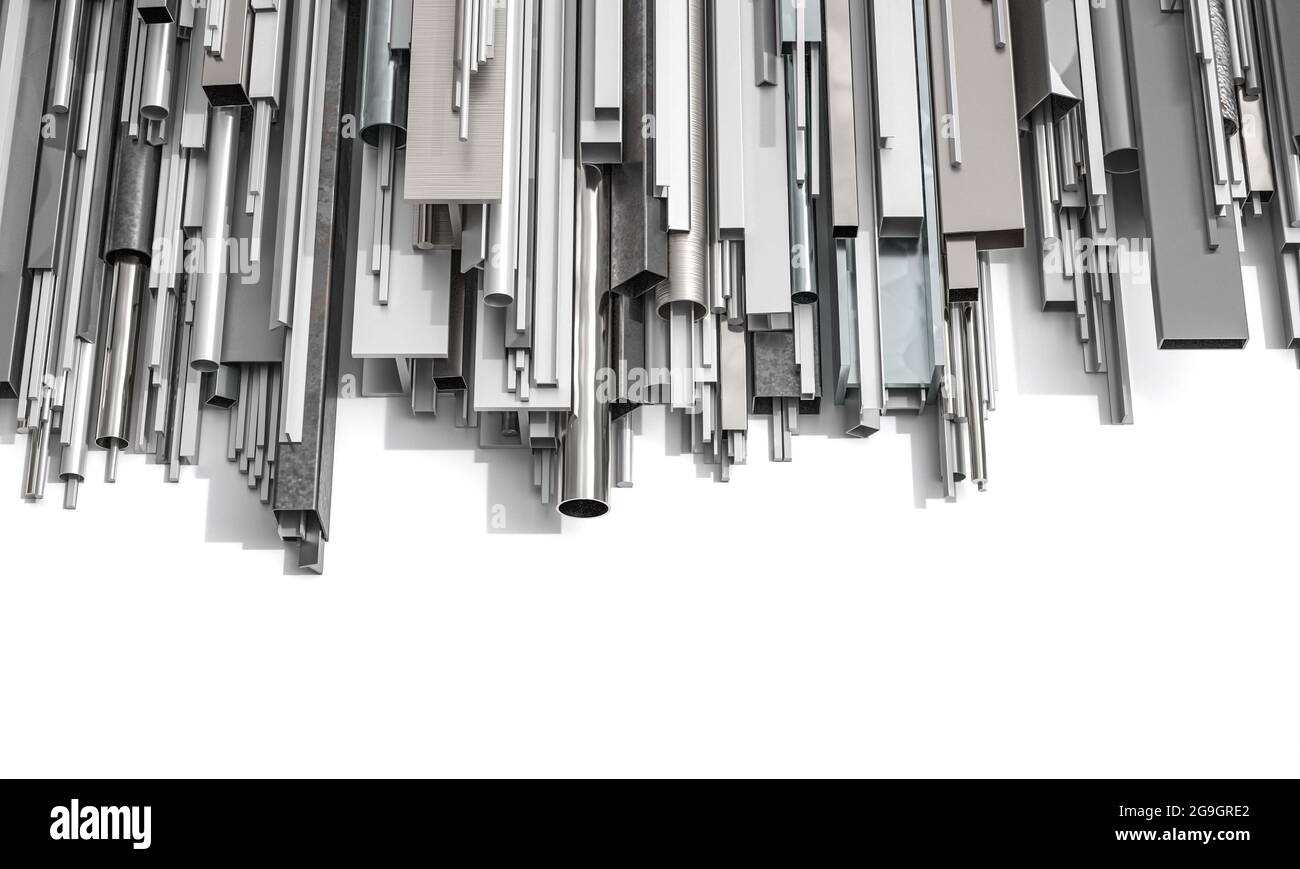 metal profiles of different shapes on a white background. 3d render ...