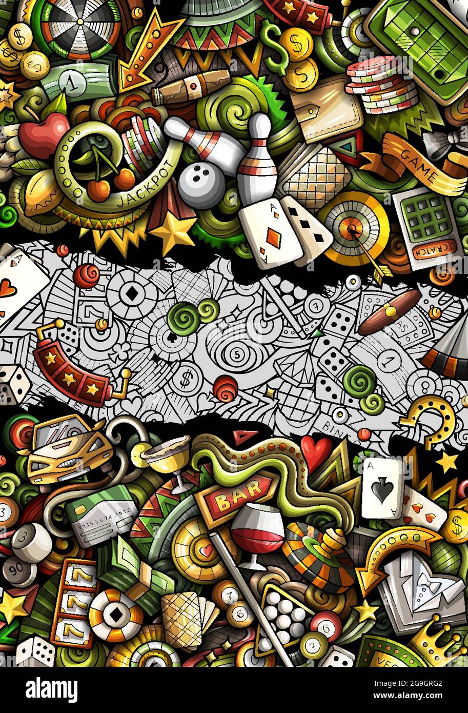 Casino hand drawn doodle banner. Cartoon vector detailed flyer ...